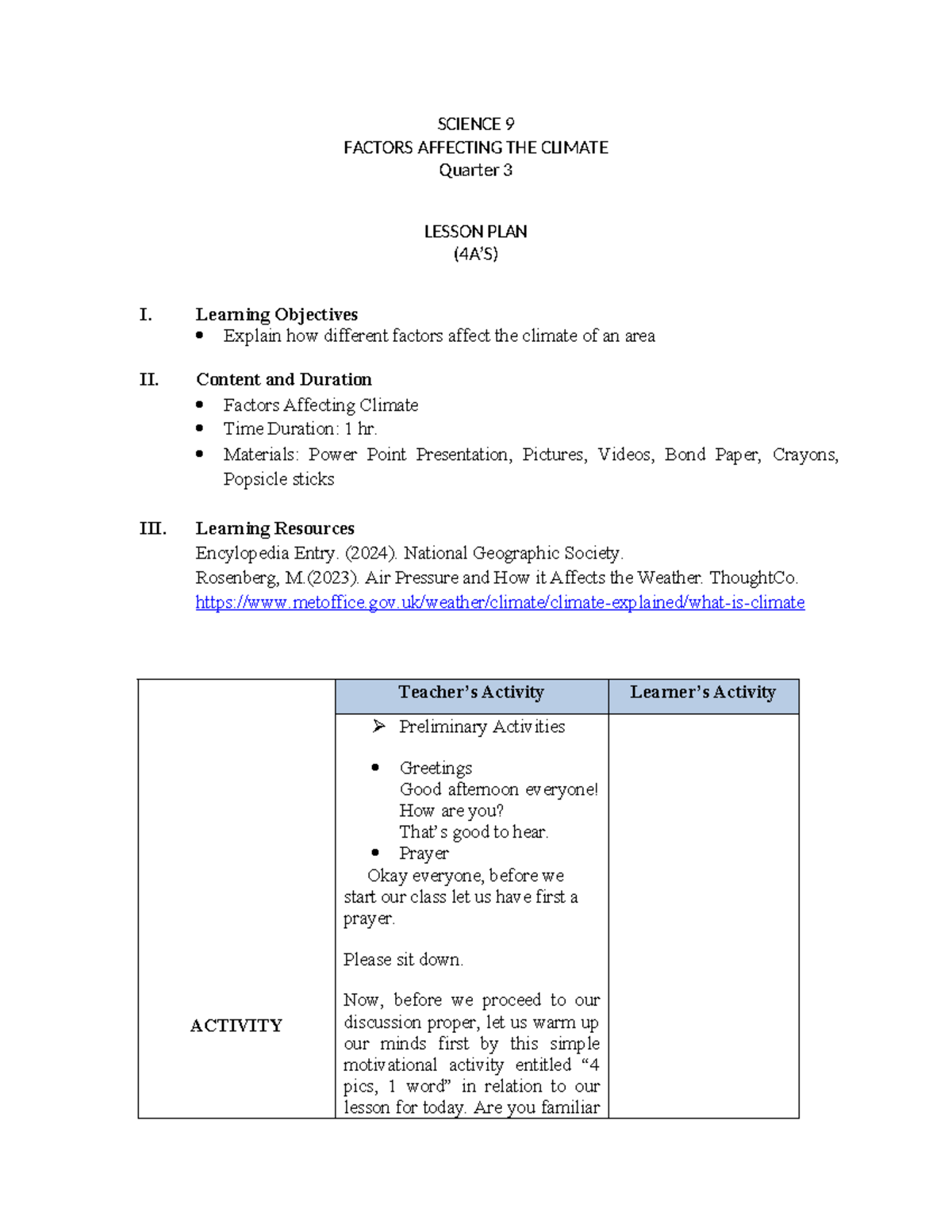 Science 9 Lesson Plan: Factors Affecting Climate and Weather - Studocu
