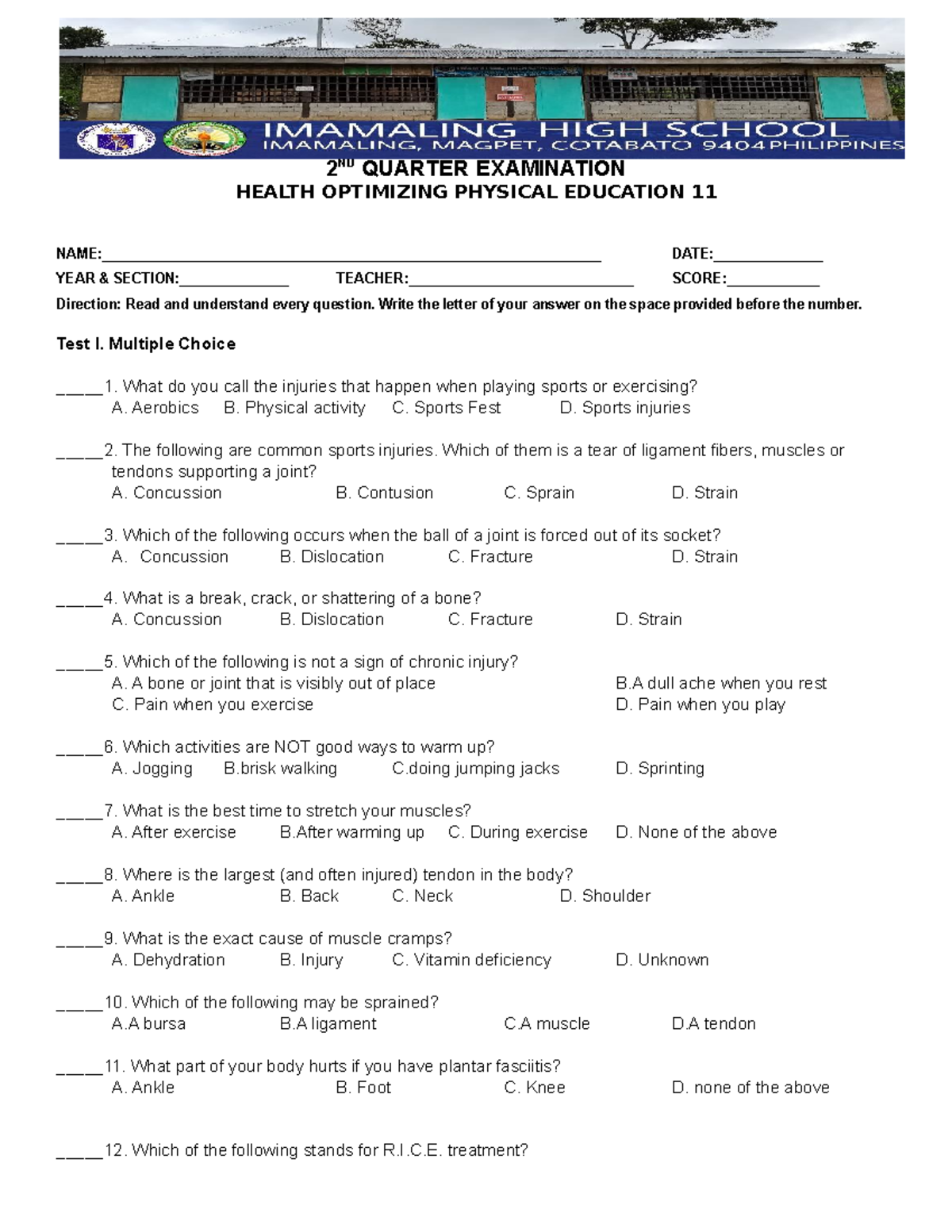 Final Exam in Health Optimizing PE 11 - 2nd Quarter Assessment - Studocu