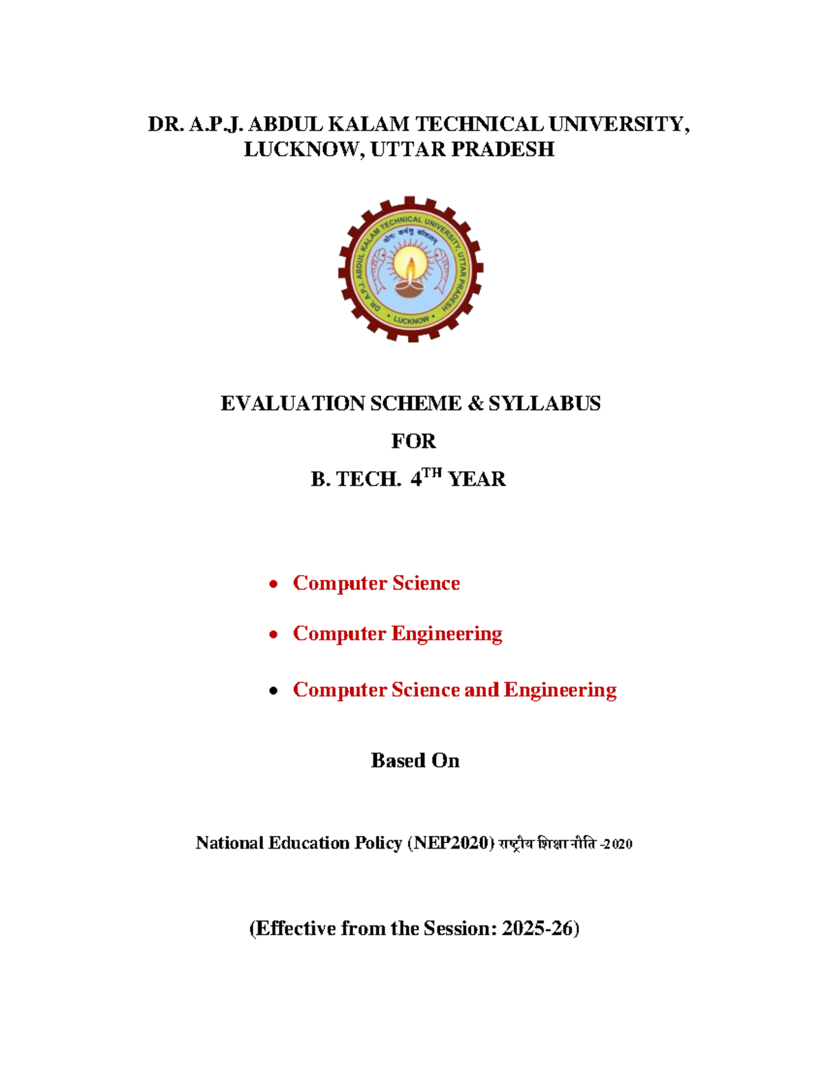 BTech CS, CE & CSE Syllabus (4th Year) - Evaluation Scheme 2025-26 - Studocu
