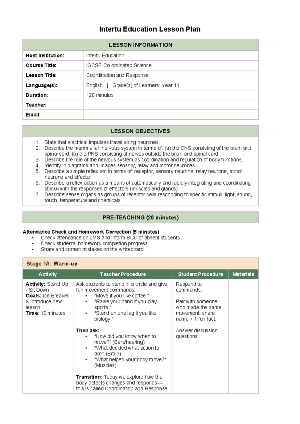 IGCSE Science Lesson Plan: Coordination and Response - Studocu