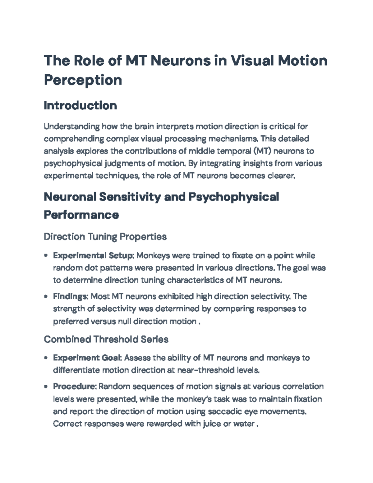 The Role of MT Neurons in Motion Perception: Insights and Implications ...