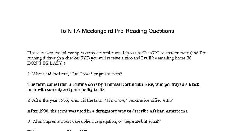 Pre-Reading Questions for "To Kill A Mockingbird" (ENG 101) - Studocu