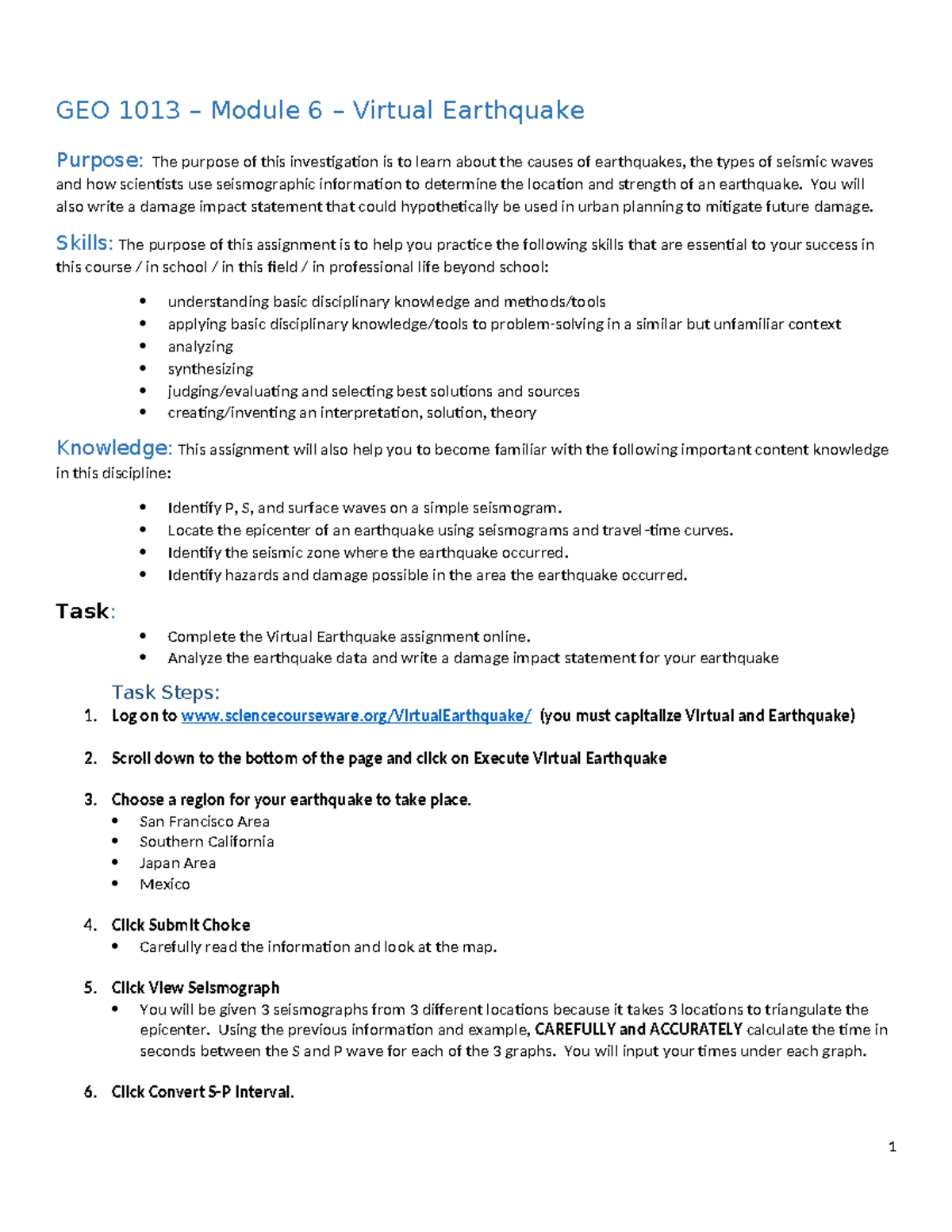 GEO 1013 Module 6 Virtual Earthquake Investigation and Analysis - Studocu