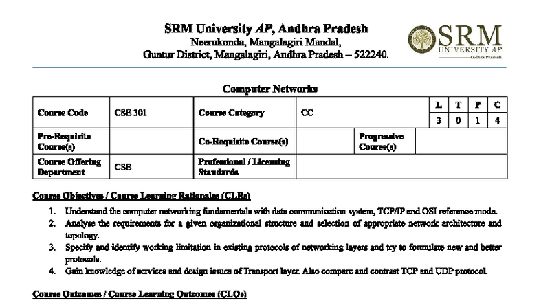 CSE 301 Computer Networks Syllabus - SRM University AP - Studocu