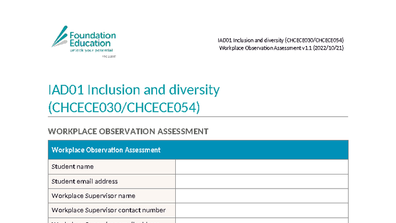 IAD01 Inclusion and Diversity Workplace Observation Assessment Guide ...