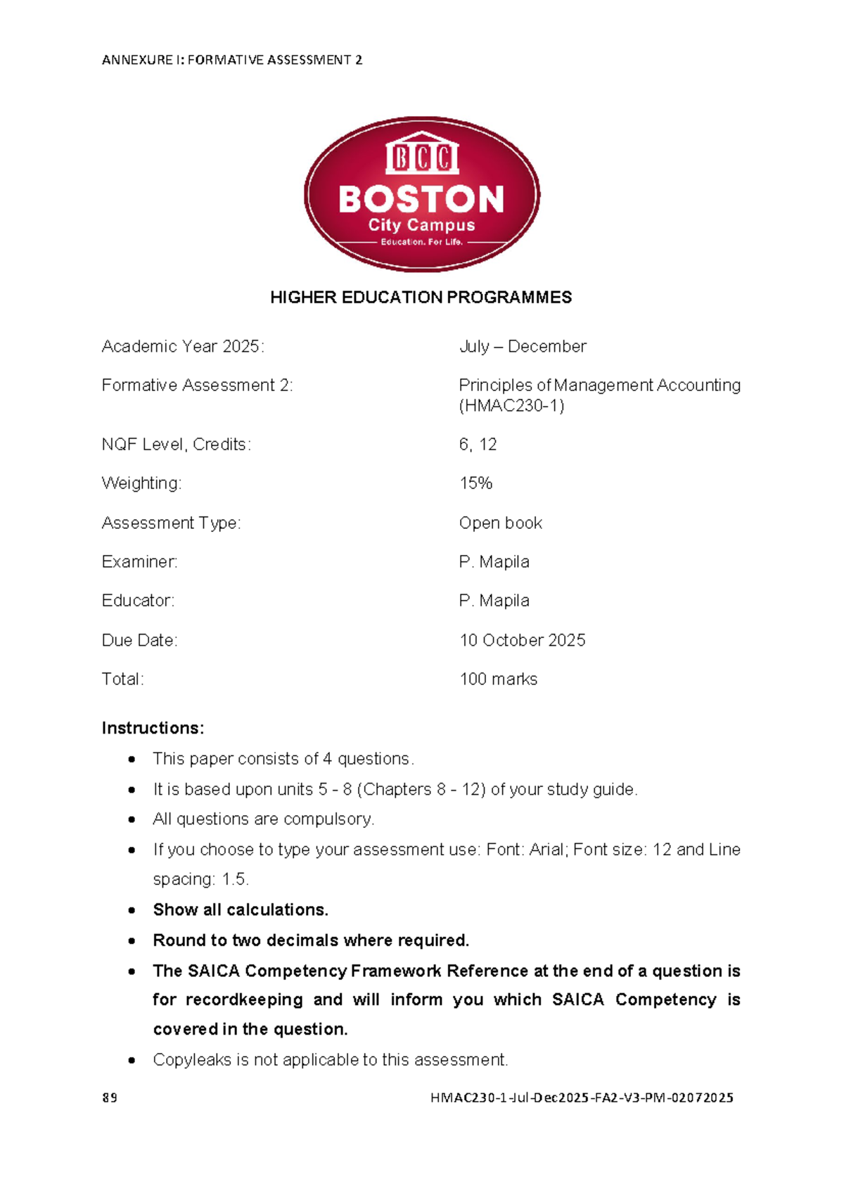 HMAC230-1: Formative Assessment 2 - Principles of Management Accounting ...