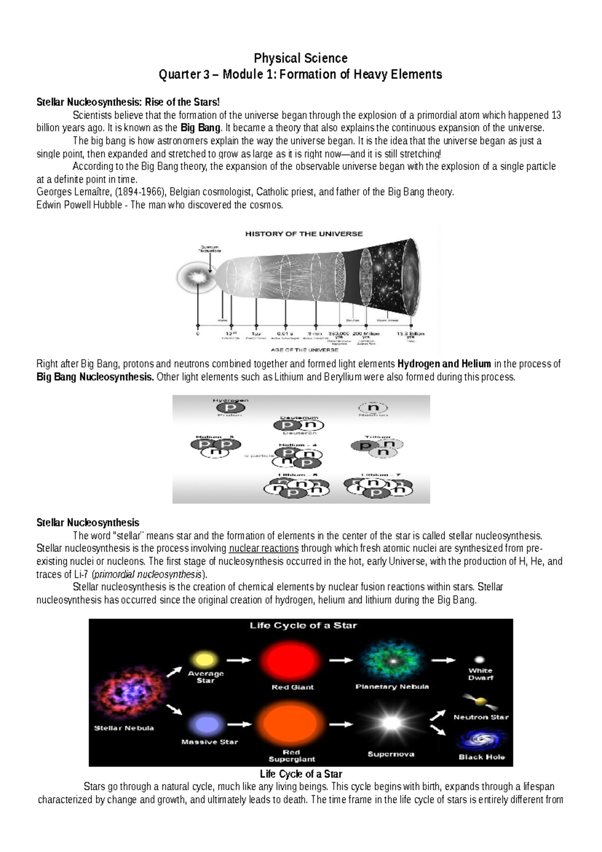Q3 W1 - Stellar Nucleosynthesis and Life Cycle of Stars - Studocu