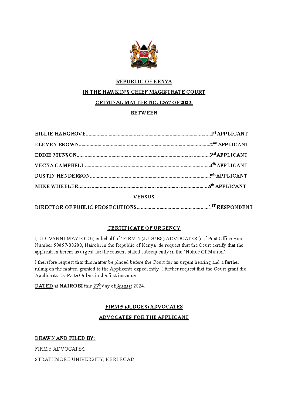 Bail Application and Certificate of Urgency in Criminal Matter No. E567 ...