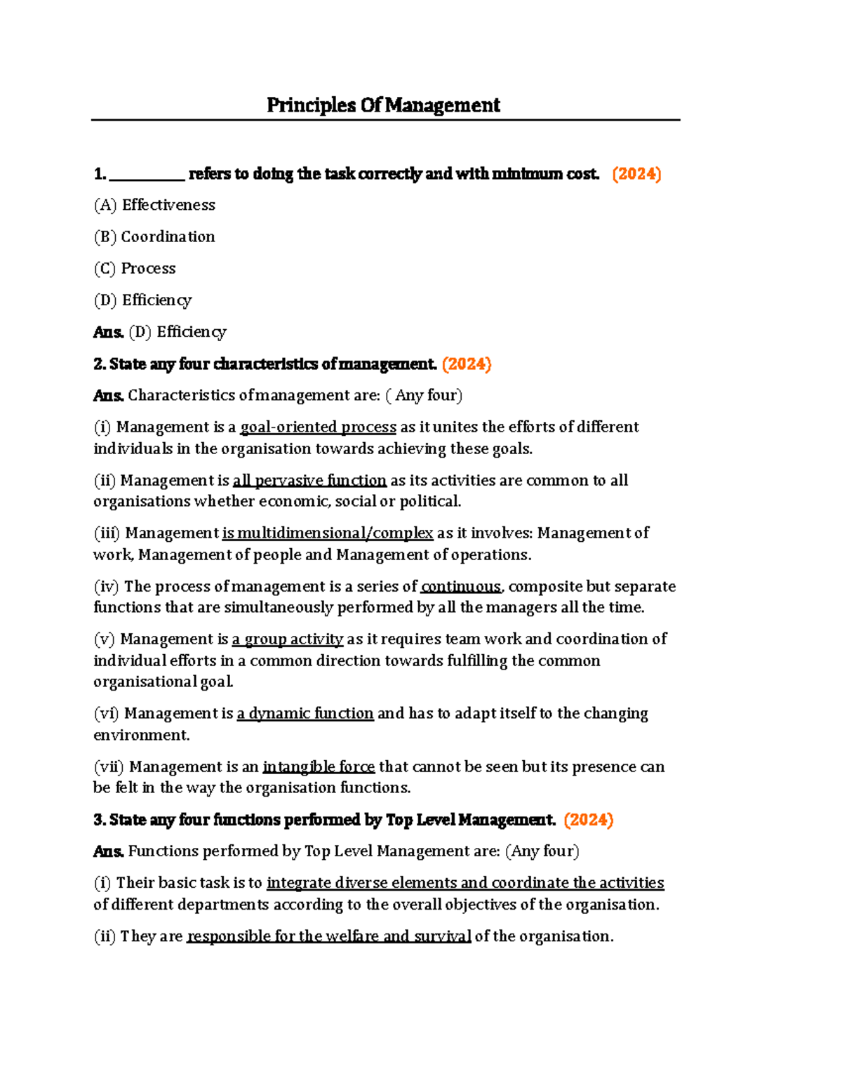 Principles of Management 1: Key Concepts and Practice Questions (Ch 2 PYQ) - Studocu