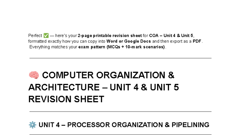 COA Unit 4 & 5: Comprehensive Revision Notes for Exam Preparation - Studocu