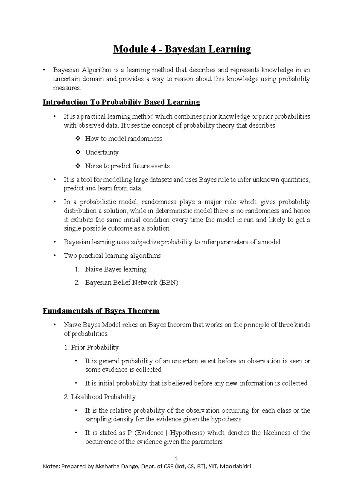 Module 4 - Bayesian Learning and Algorithms in ML - Studocu