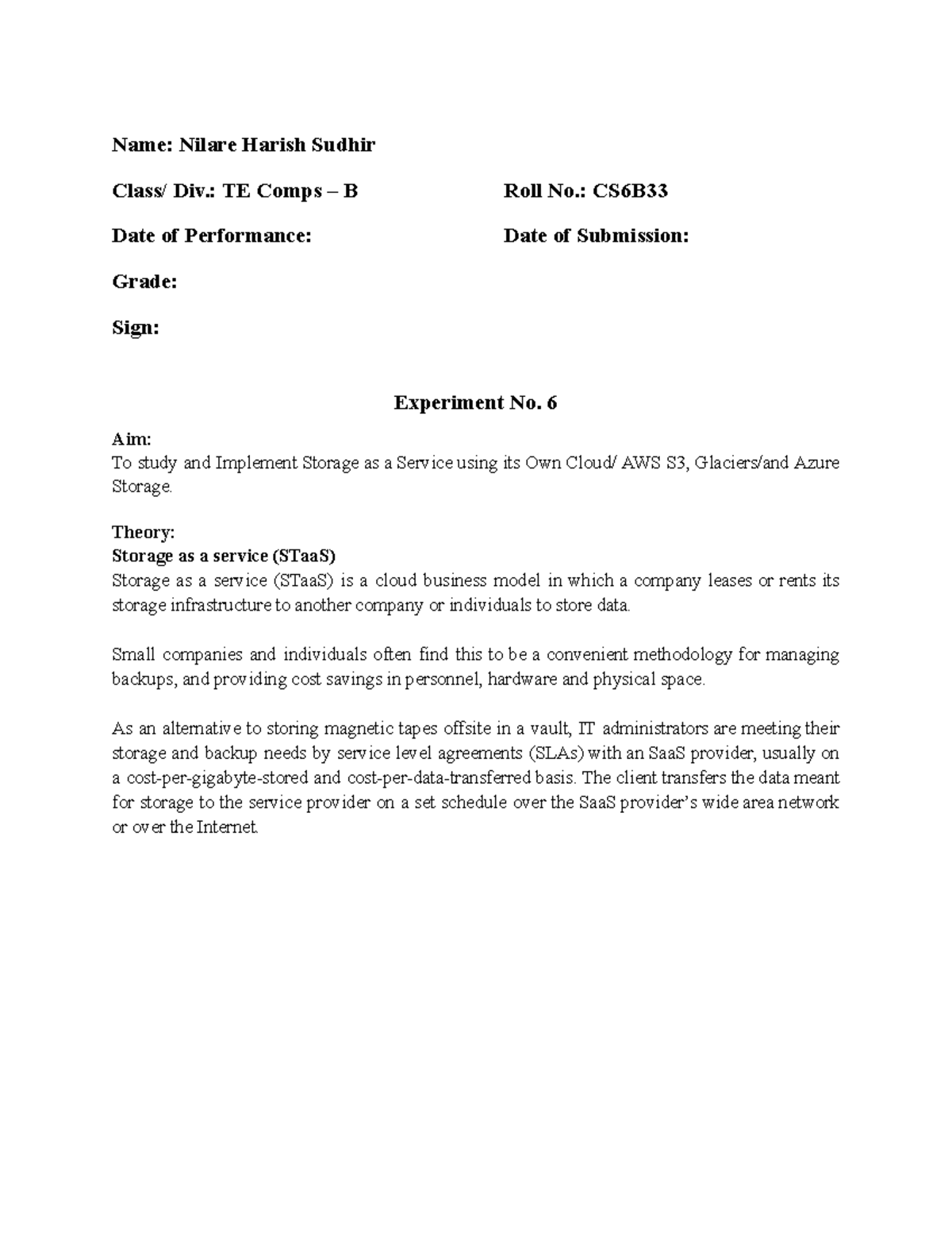 Cloud Computing Experiment 06 Implementing Storage as a Service - Name: Nilare Harish Sudhir ...