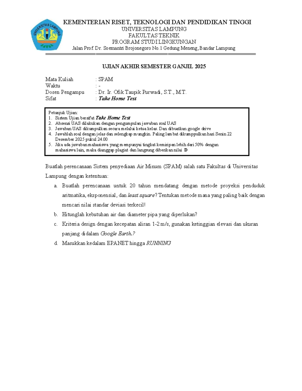 UAS SPAM 2025: Perencanaan Sistem Penyediaan Air Minum - Studocu