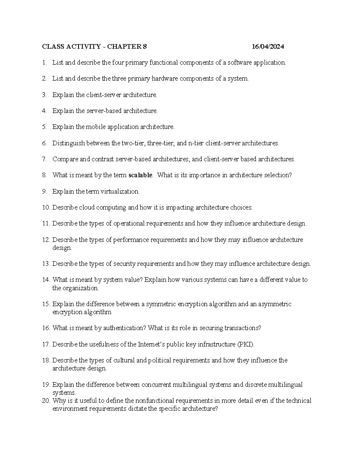 Class Activity CH8: Software & Hardware Architecture Insights 2024 ...