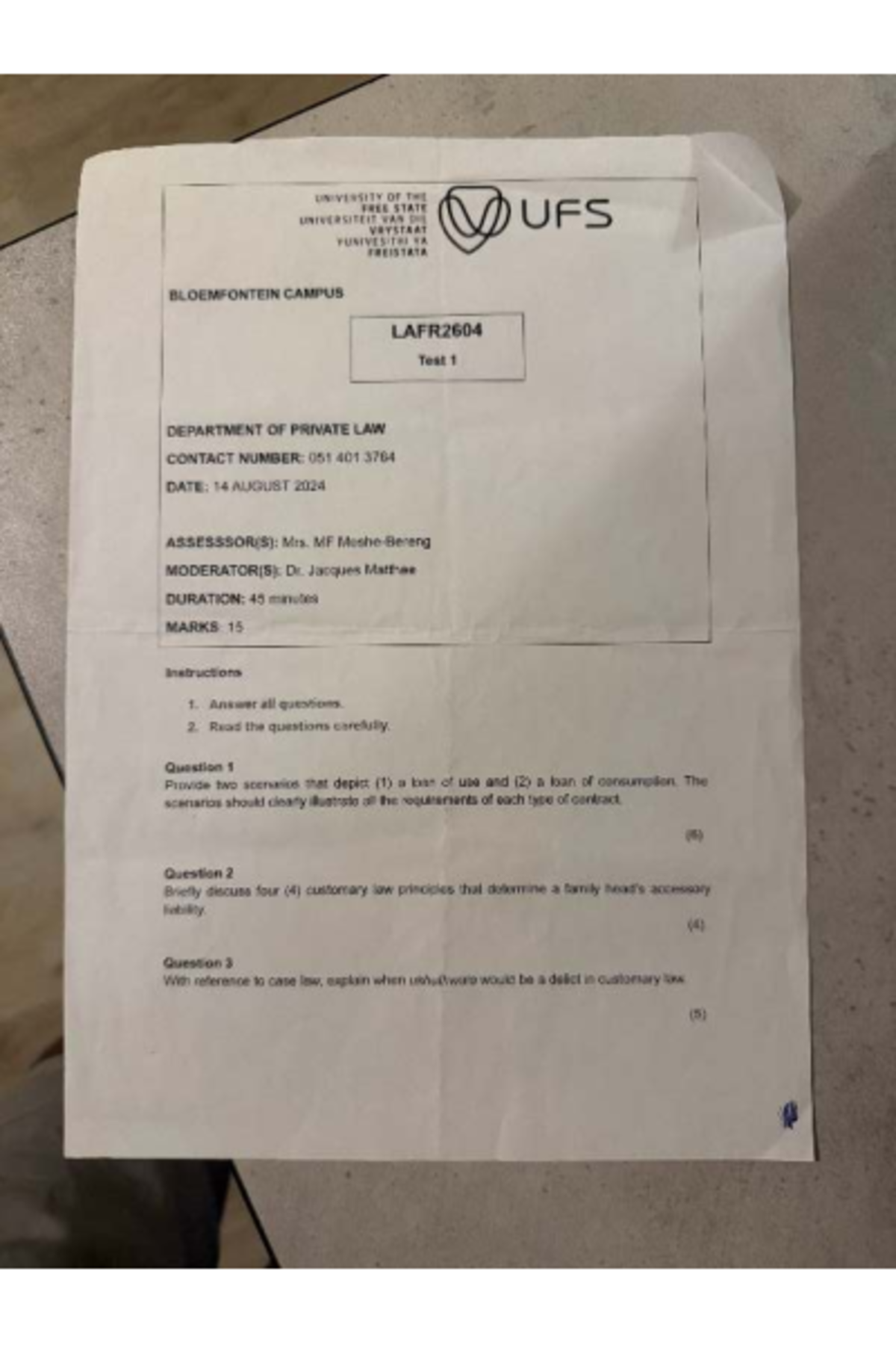 LAFR2604 Test 1 - Private Law Scenarios & Customary Law Principles ...