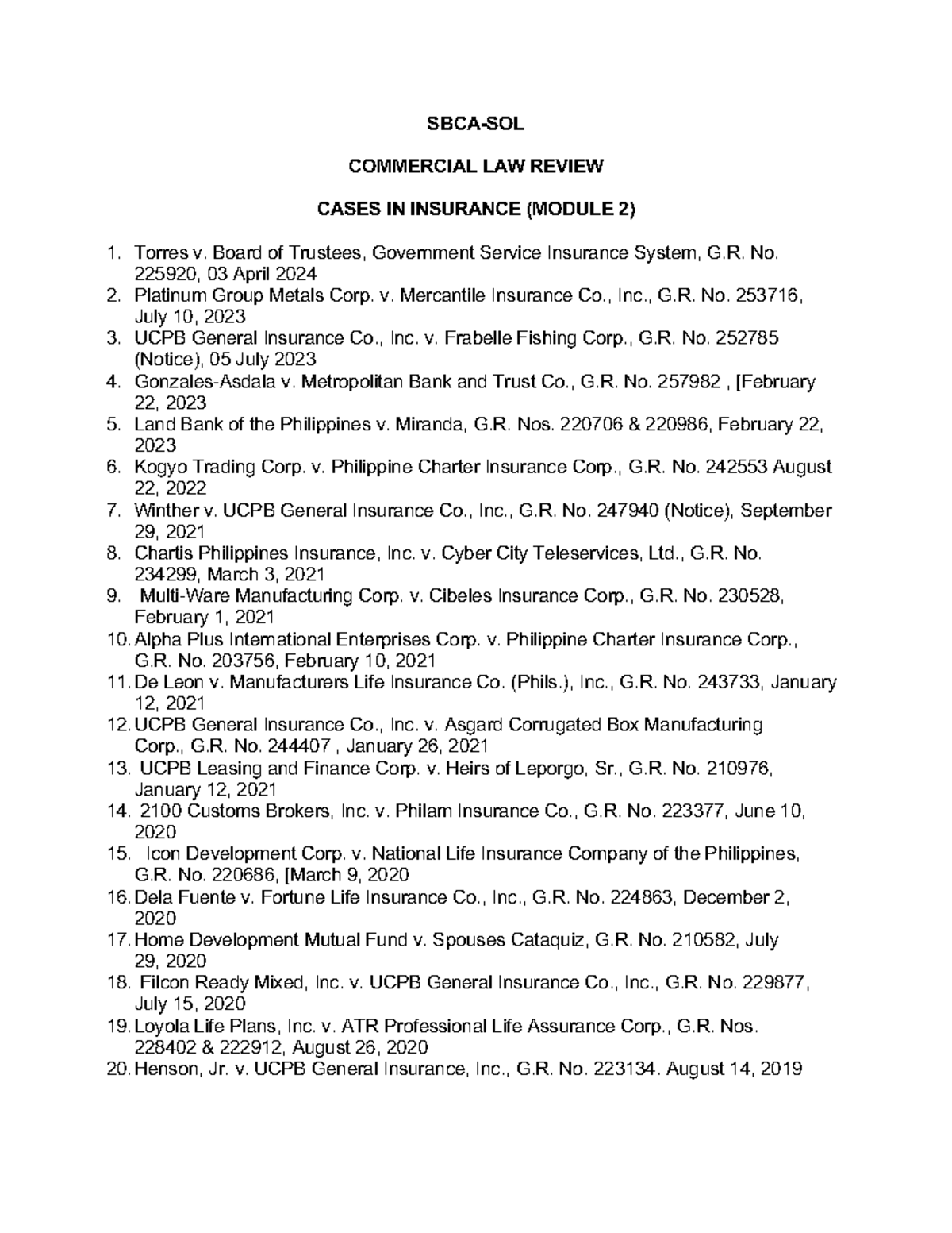 Insurance Cases Review for SBCA - Commercial Law Module 2 - Studocu
