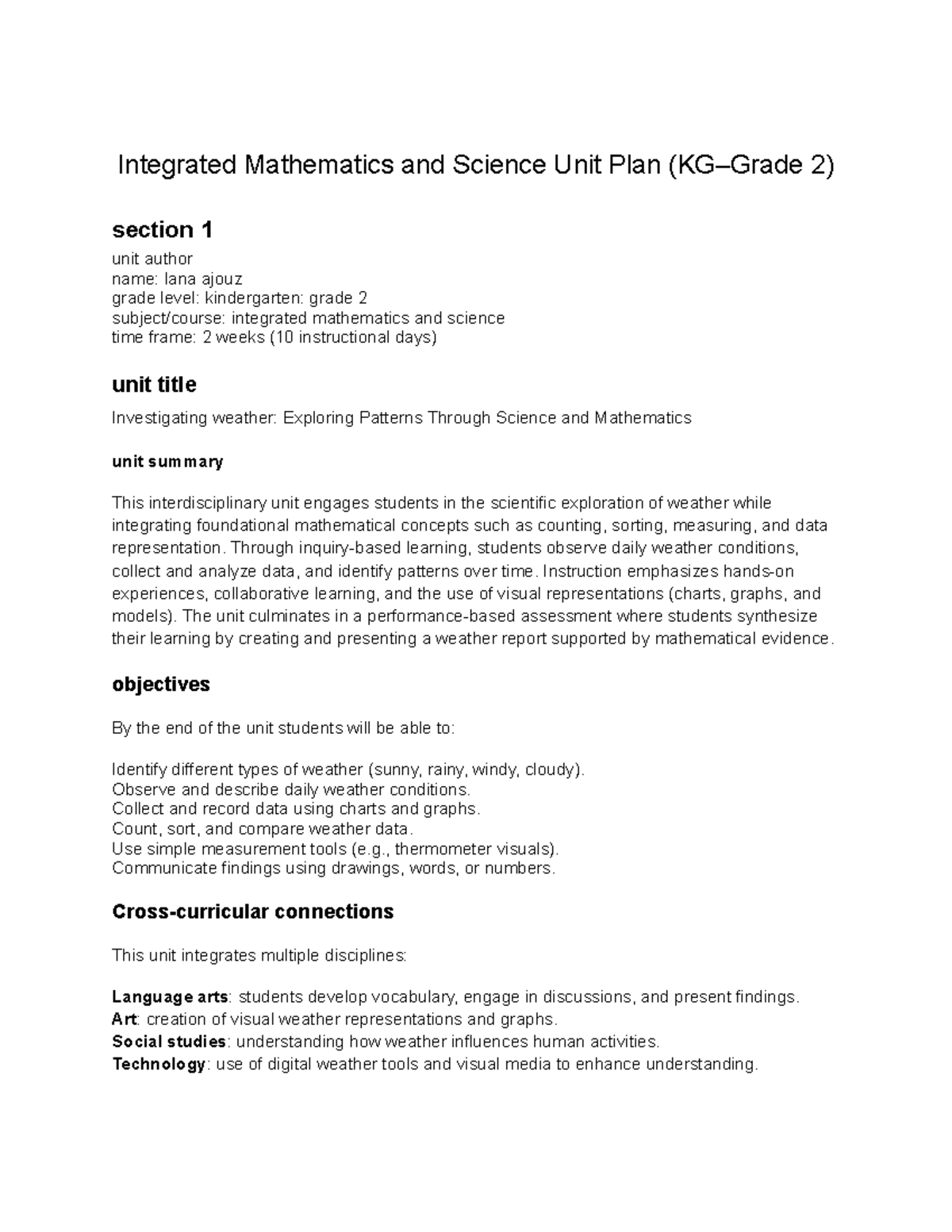 ECE 2: Integrated Math & Science Unit Plan on Weather for K-Grade - Studocu