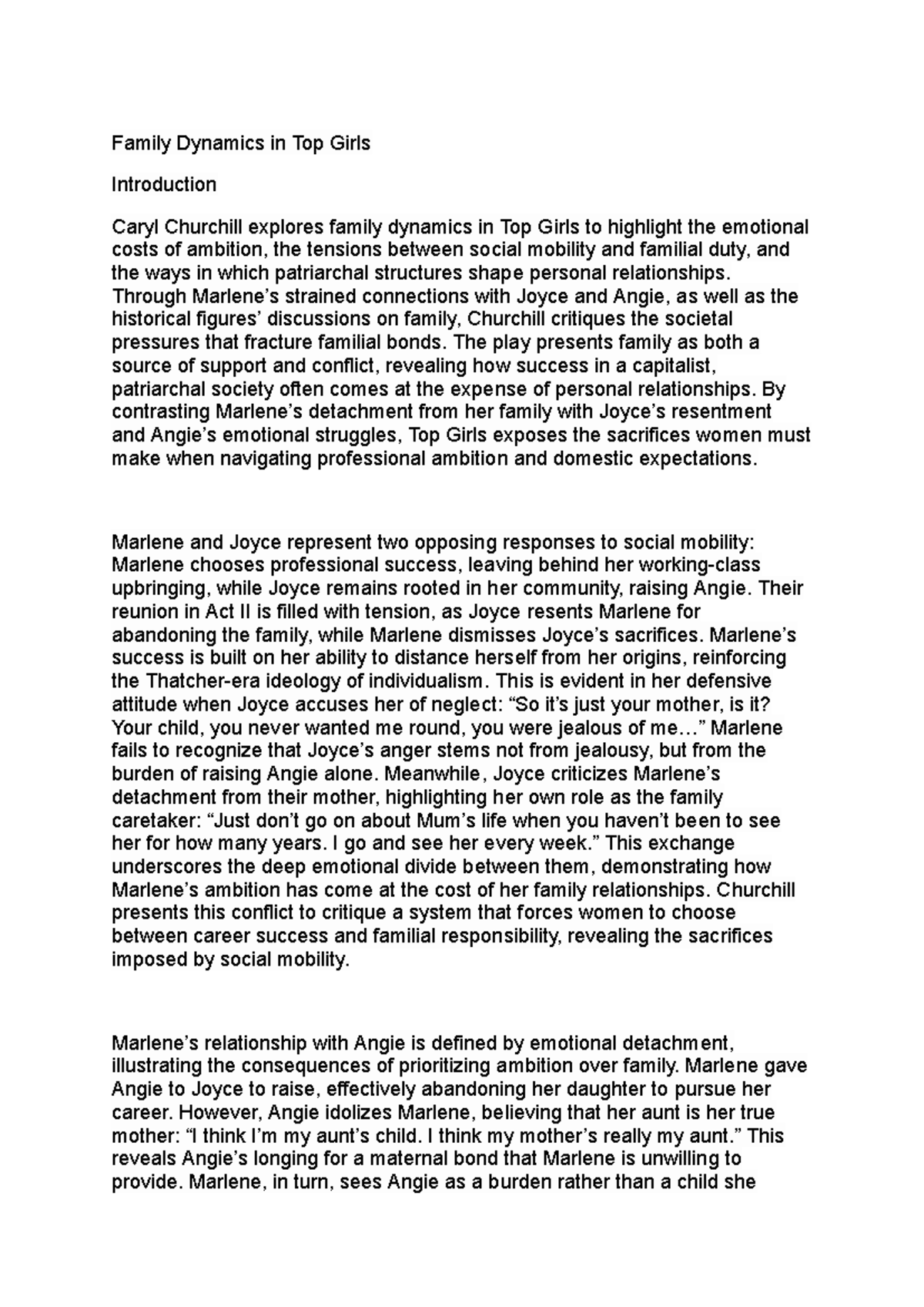 Top Girls Family Dynamics Analysis: Ambition vs. Duty - Studocu