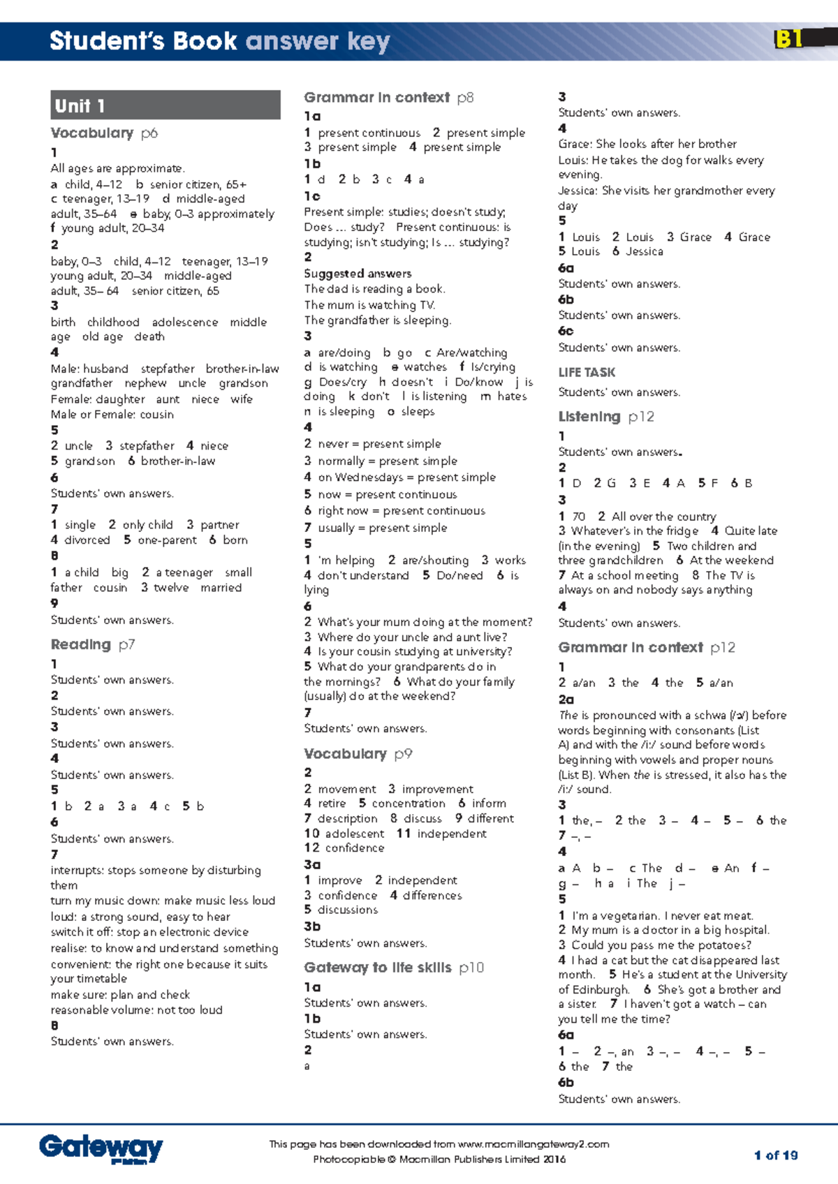 Gateway B1 Student Book Answer Key: Grammar, Vocabulary, and Reading Insights - Studocu
