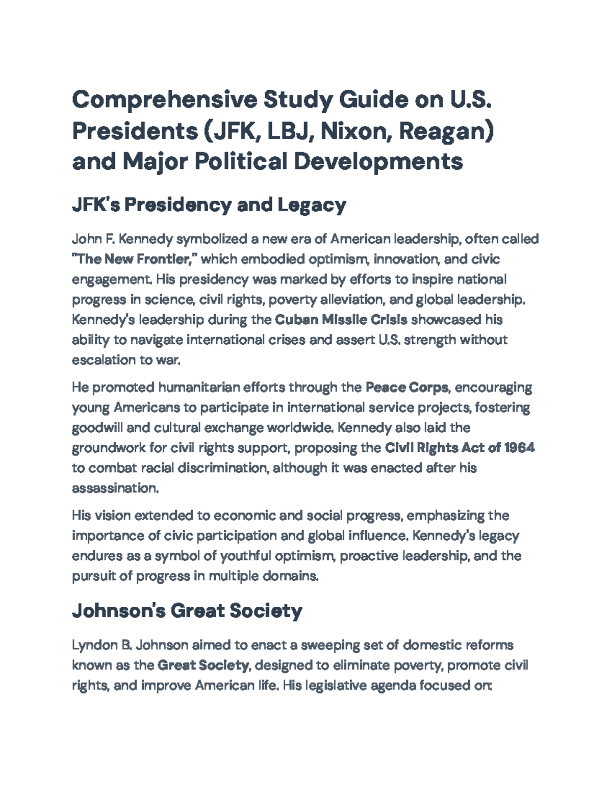 Comprehensive Study Guide on U.S. Presidents (JFK, LBJ, Nixon, Reagan ...