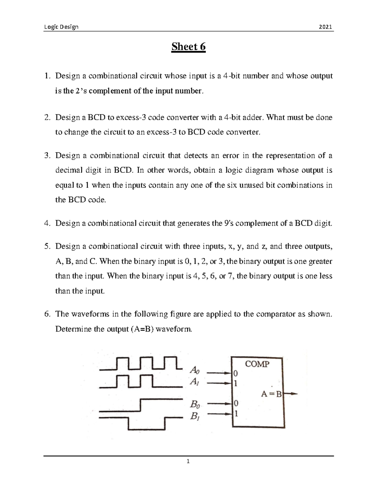 Logic Design 2021 - Sheet 6 Combinational Circuits Exercises - Studocu
