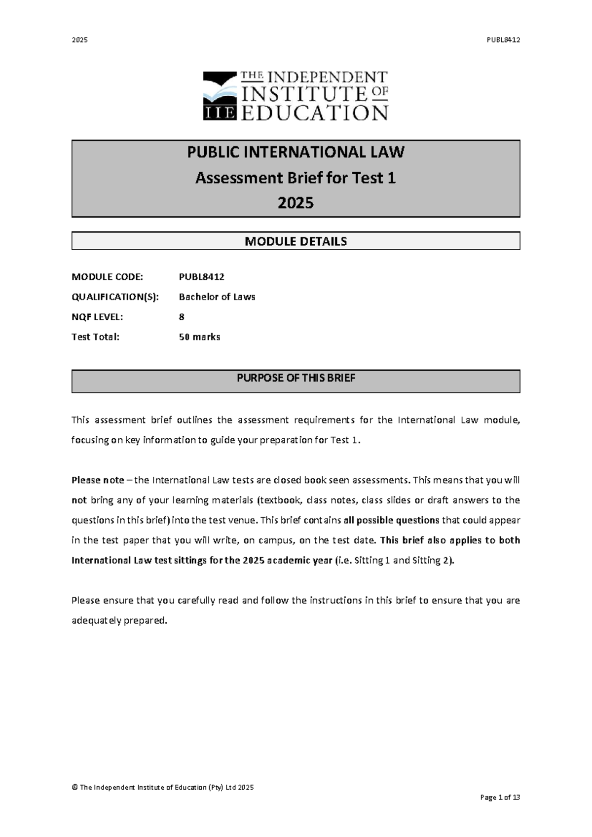 PUBL8412 Public International Law Test 1 Assessment Brief 2025 - Studocu
