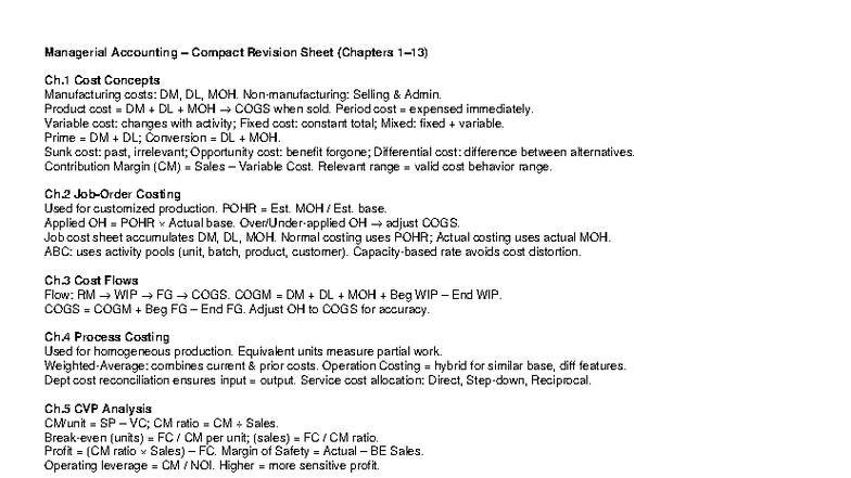 Managerial Accounting Revision Sheet: Key Concepts & Costing (Ch.1-13 ...