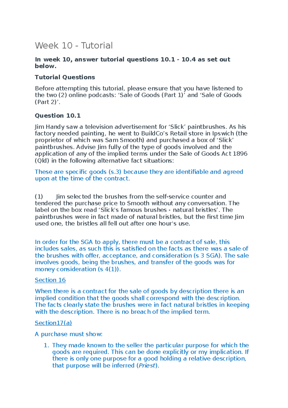 Week 10 Tutorial Questions: Sale of Goods Act 1896 (Qld) Analysis - Studocu