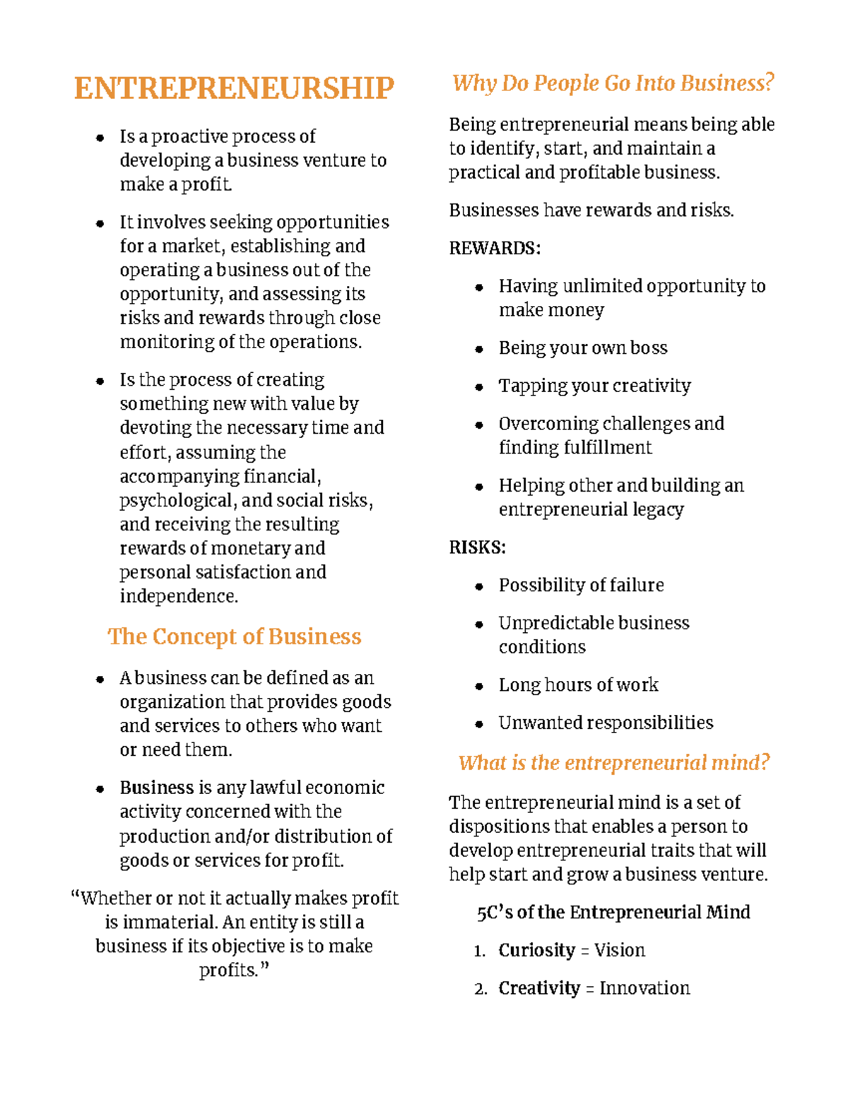 Introduction to Entrepreneurship notes - ENTREPRENEURSHIP Is a ...