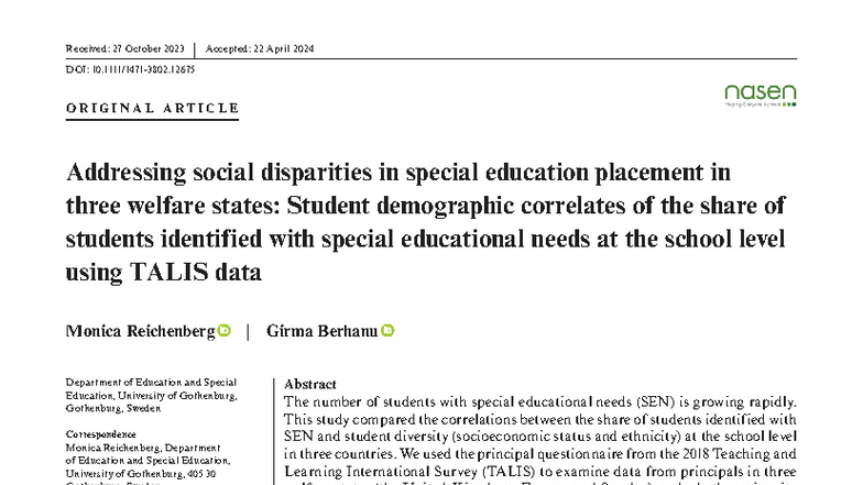 TALIS 2018: Social Disparities in SEN Placement Across Welfare States ...