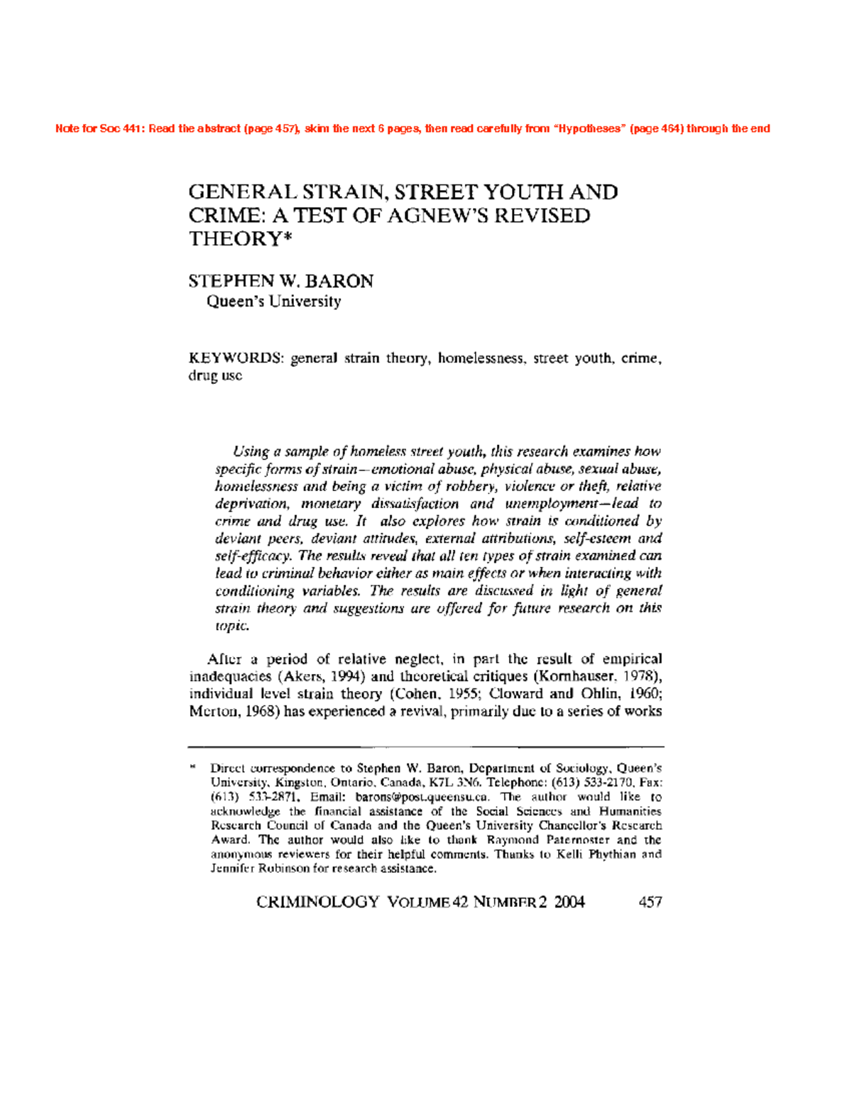 General Strain Theory and Crime Among Homeless Youth (Soc 441) - Studocu