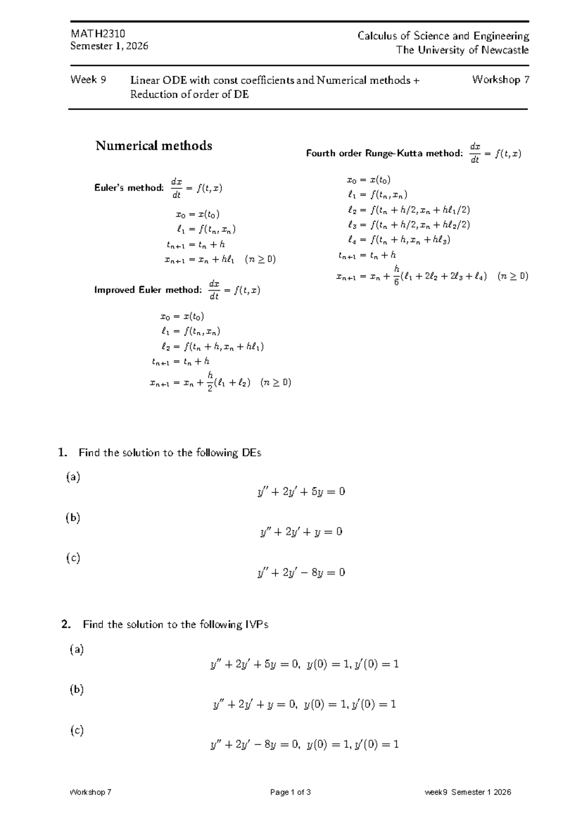 MATH2310 Semester 1, 2026 Workshop 7: Linear ODEs & Numerical Methods ...