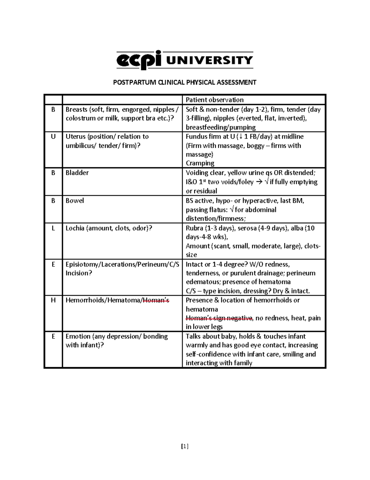 Postpartum Clinical Assessment Example for Newborn Care (PEDS 101 ...