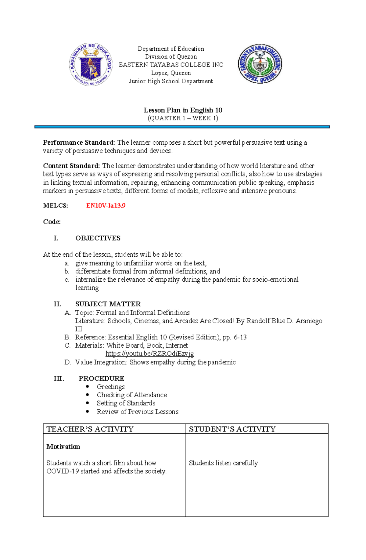 LP - Lesson Plan: Formal & Informal Definitions - English 10 (Q1) - Studocu