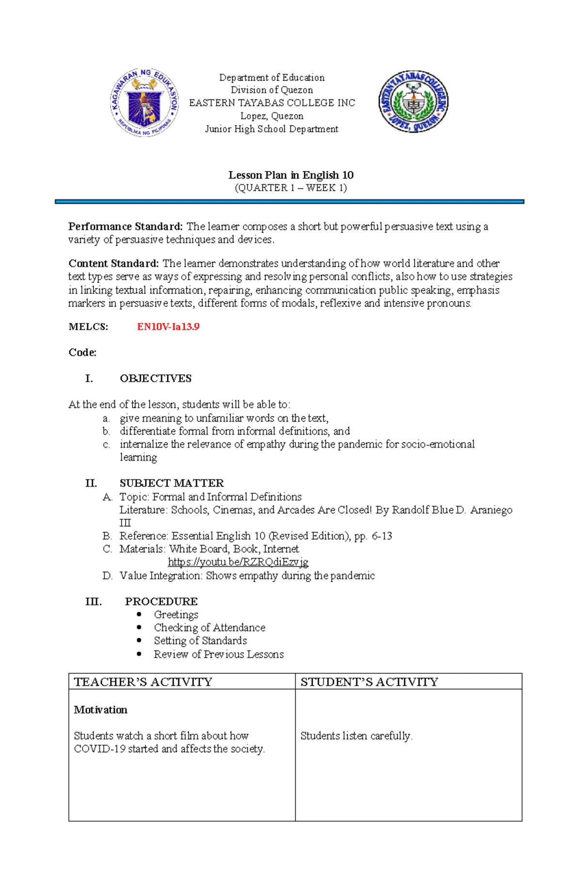 LP - Public Speaking Lesson Plan for English 10 - 1st Quarter - Studocu