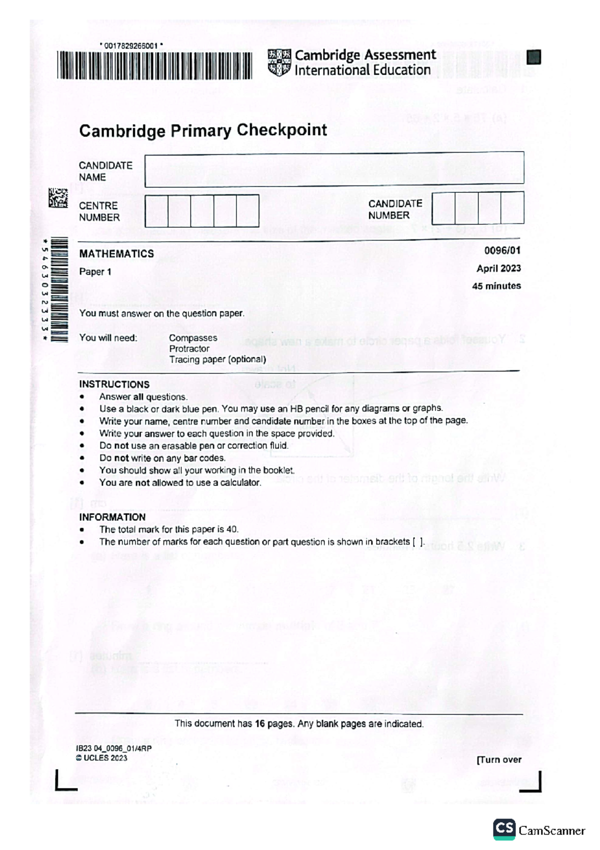 Cambridge Primary Checkpoint Mathematics Paper 1 April 2023 - Studocu