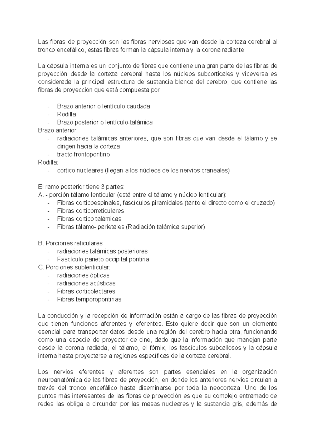 Fibras de Proyección: Estructura y Función en el SNC - Studocu
