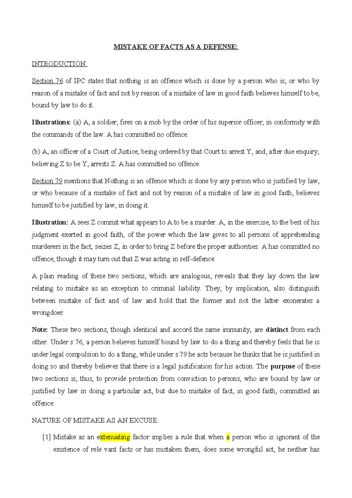 Mistake of Facts as a Defense: IPC Section 76 & 79 Analysis Notes - Studocu