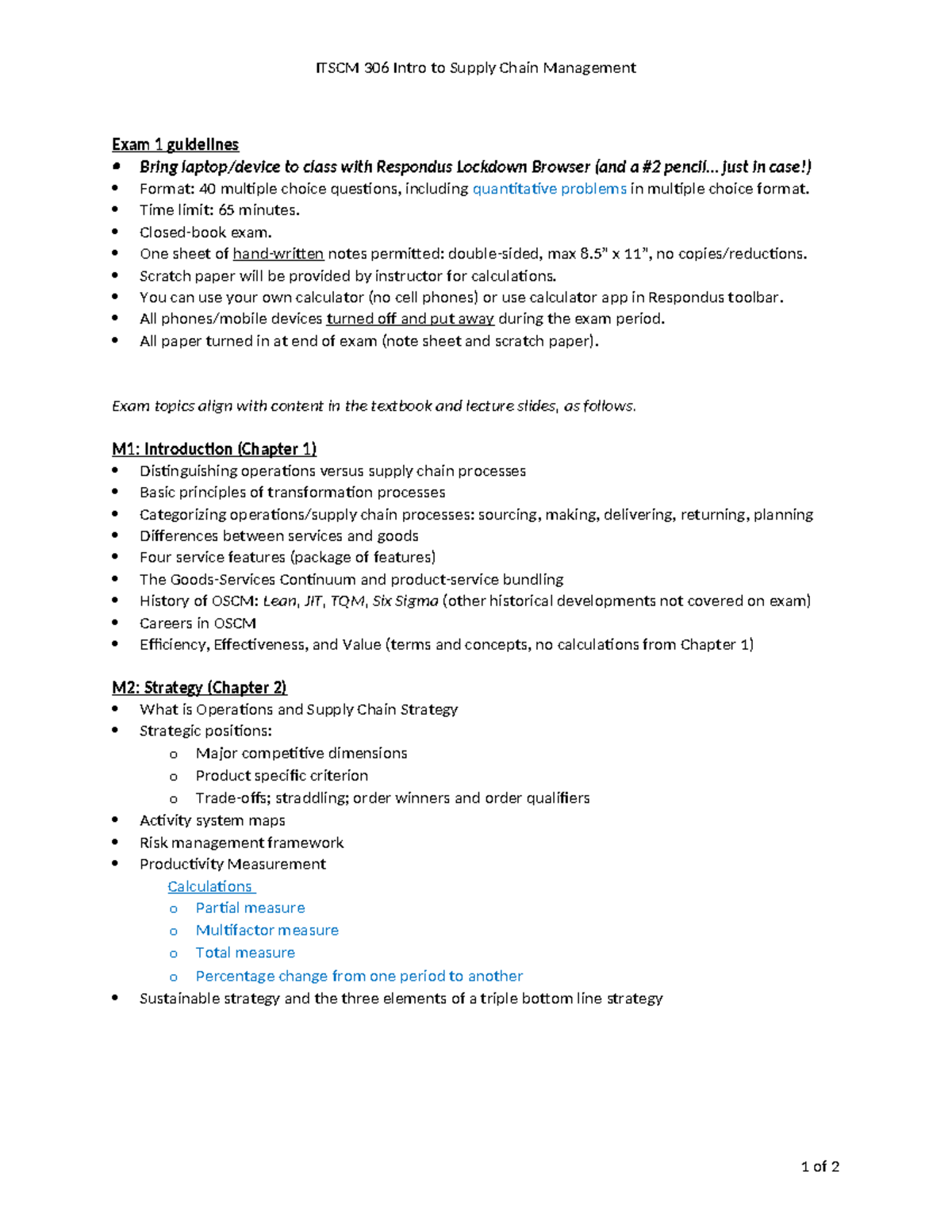 ITSCM 306 Exam 1 Guidelines: Supply Chain Management Overview - Studocu