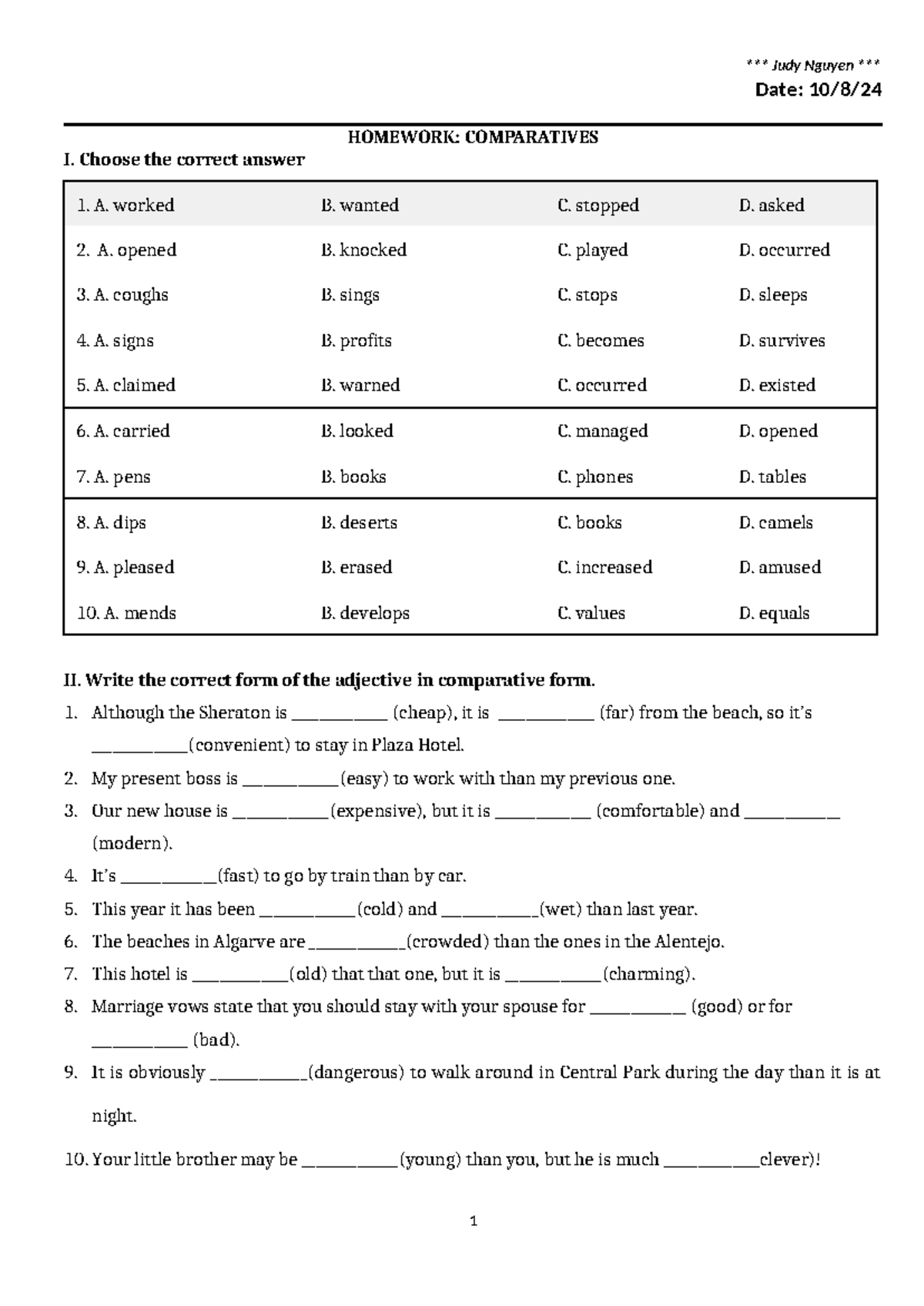 10 - Homework: Comparatives & Superlatives Practice - Studocu