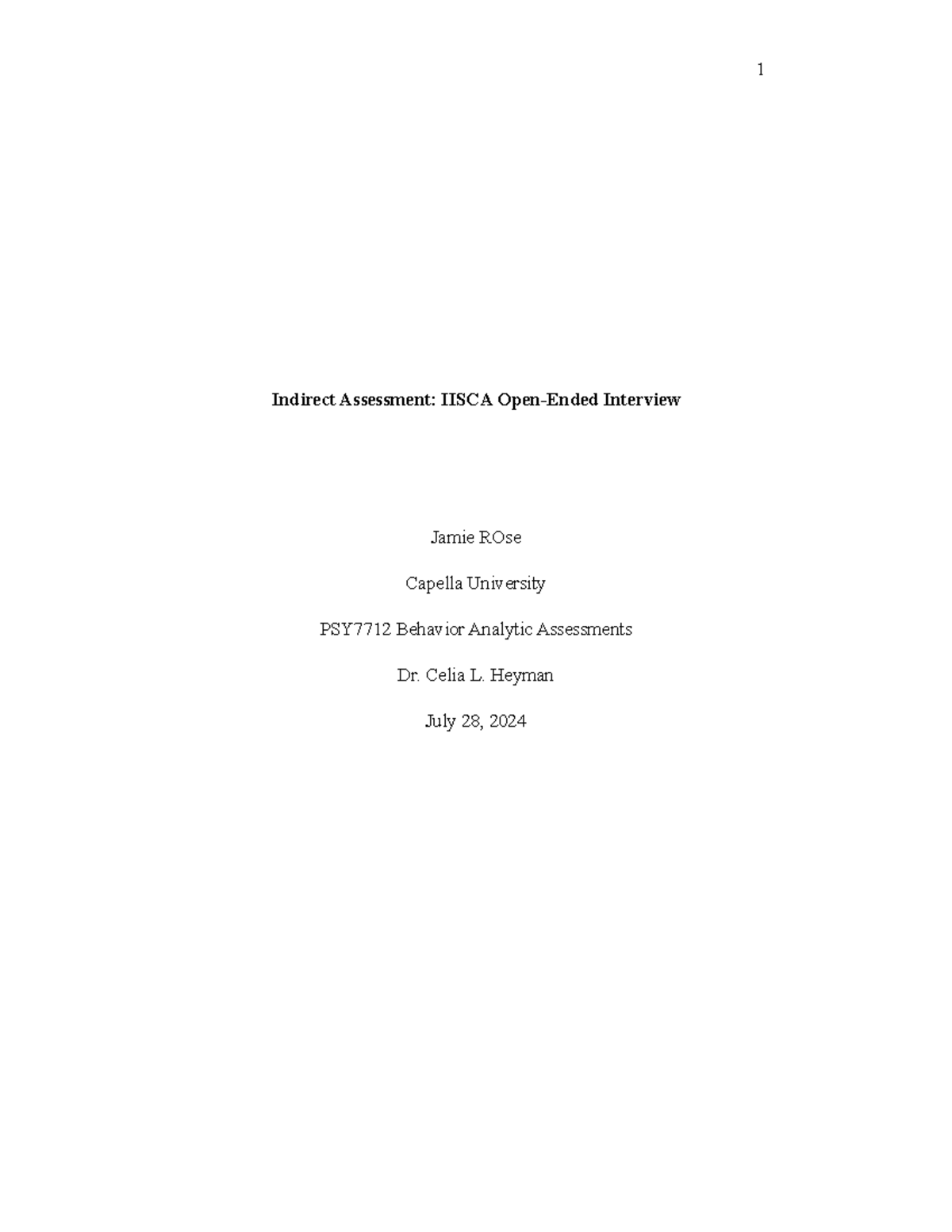 PSY7712 Unit 3 Assignment: Indirect Assessment & IISCA Interview ...