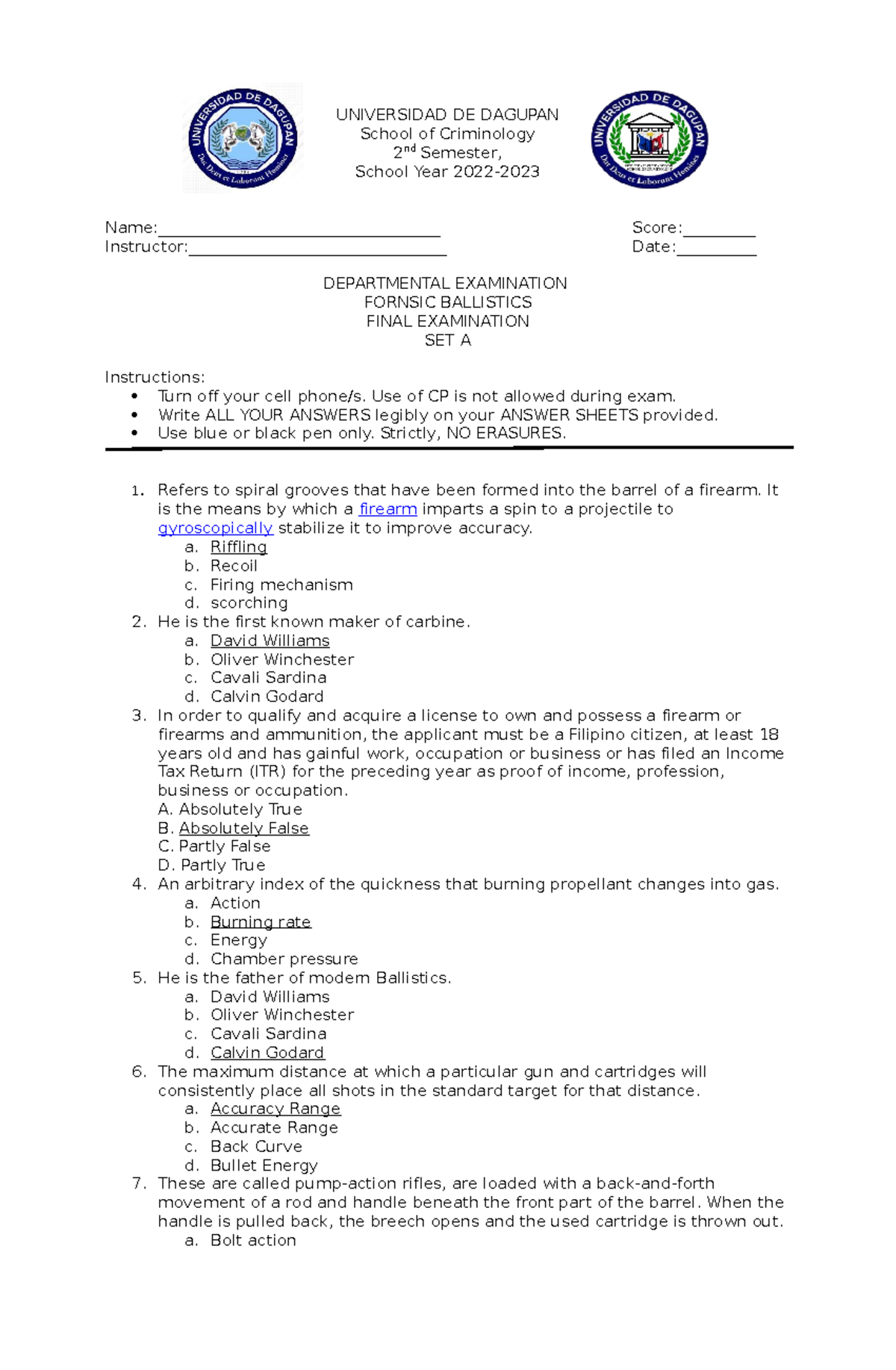 Forensic Ballistics 101: Final Exam Review Guide (SET A) - Studocu