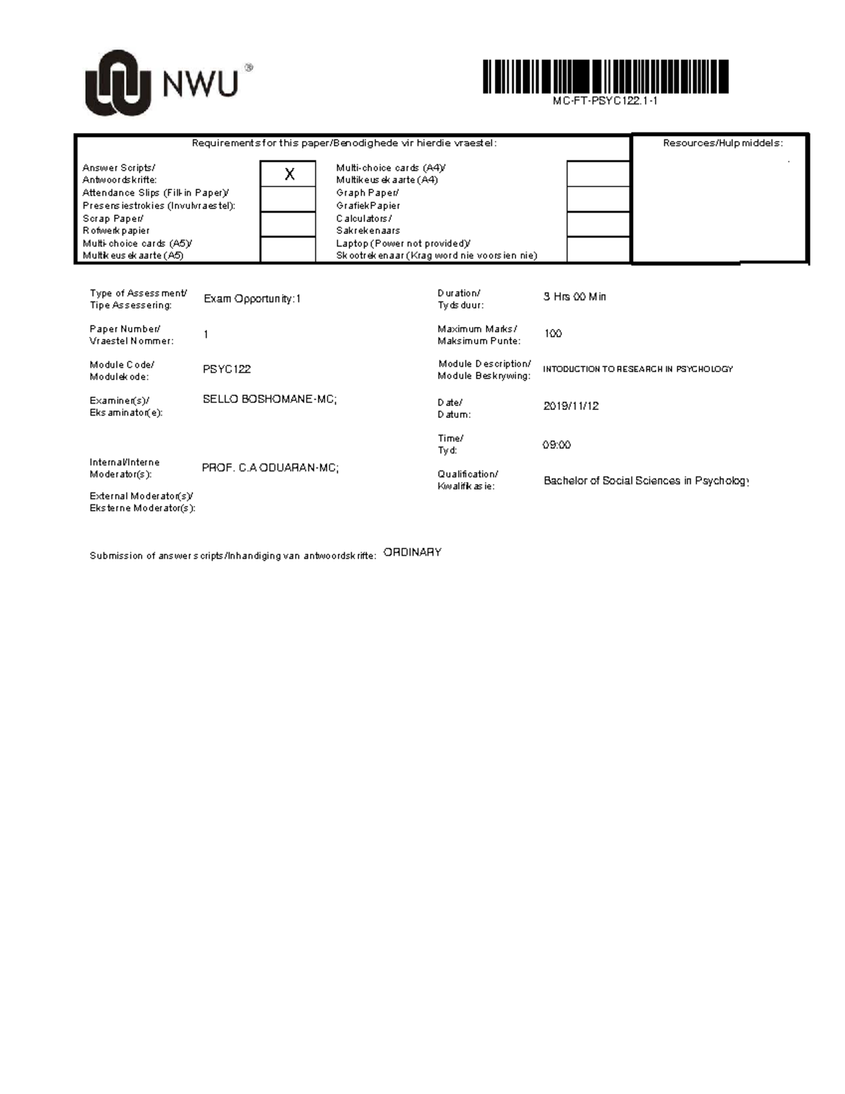 PSYC 122: Exam Paper 1 - Research Methods & Ethics Overview - Studocu