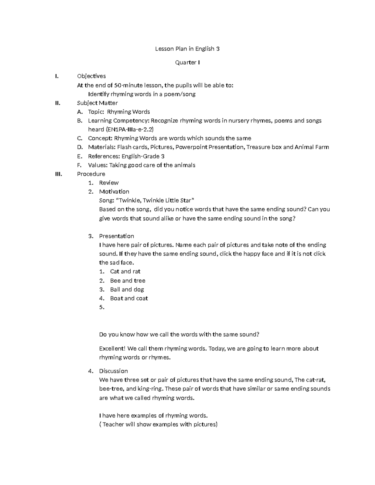 English 3 Lesson Plan: Exploring Rhyming Words in Quarter I - Studocu