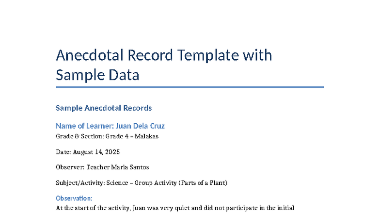 Anecdotal Record Template: Sample Observations for Grades 3 & 4 - Studocu