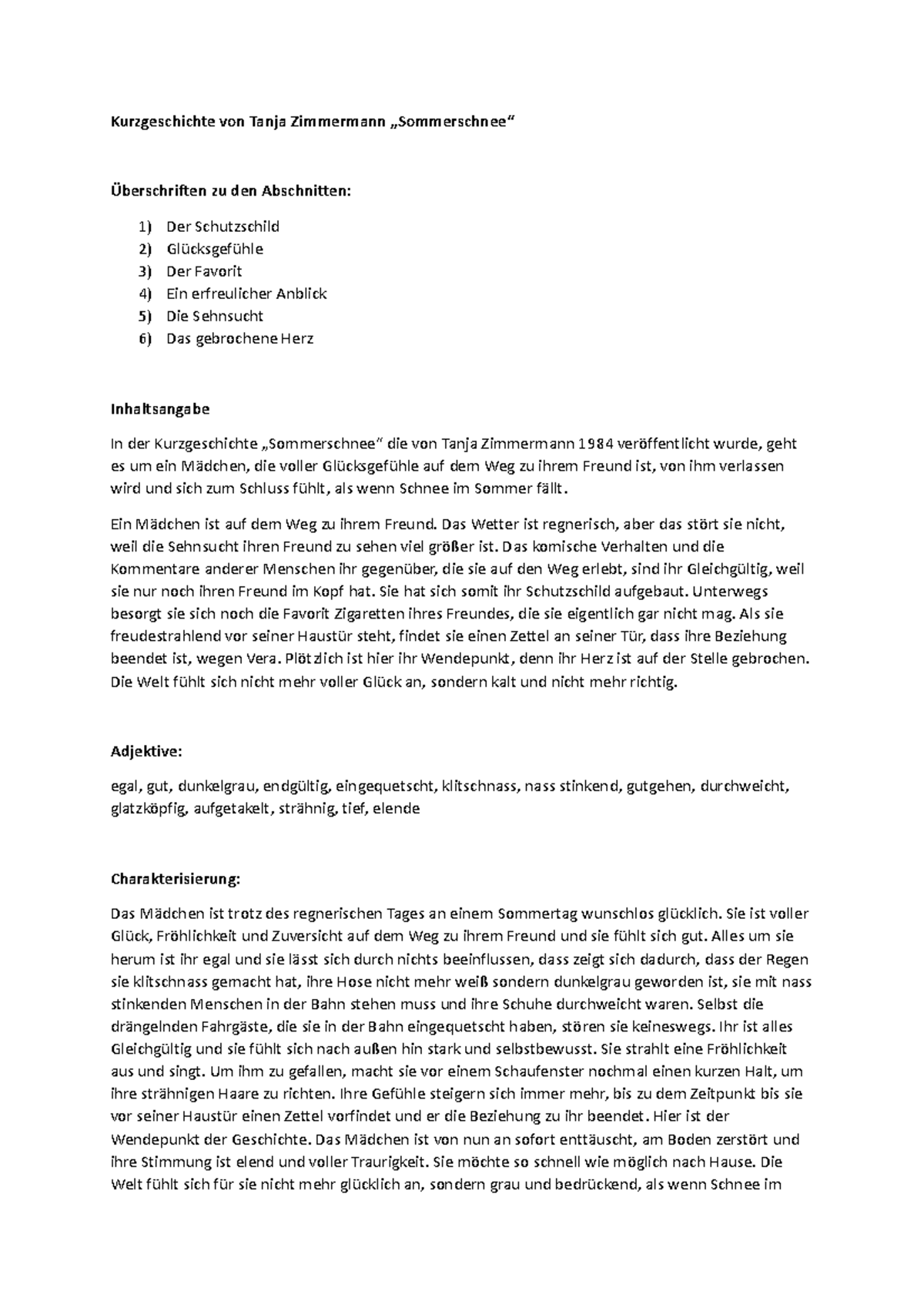 Analyse der Kurzgeschichte „Sommerschnee“ von Tanja Zimmermann - Studocu