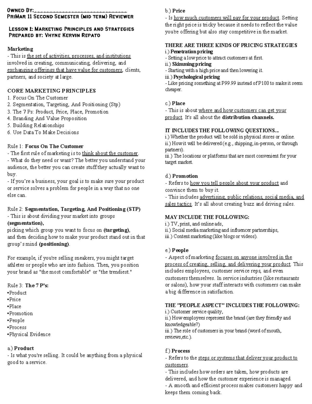 Pri Mar 11 - Second Semester - Mid Term - Marketing Principles Overview ...