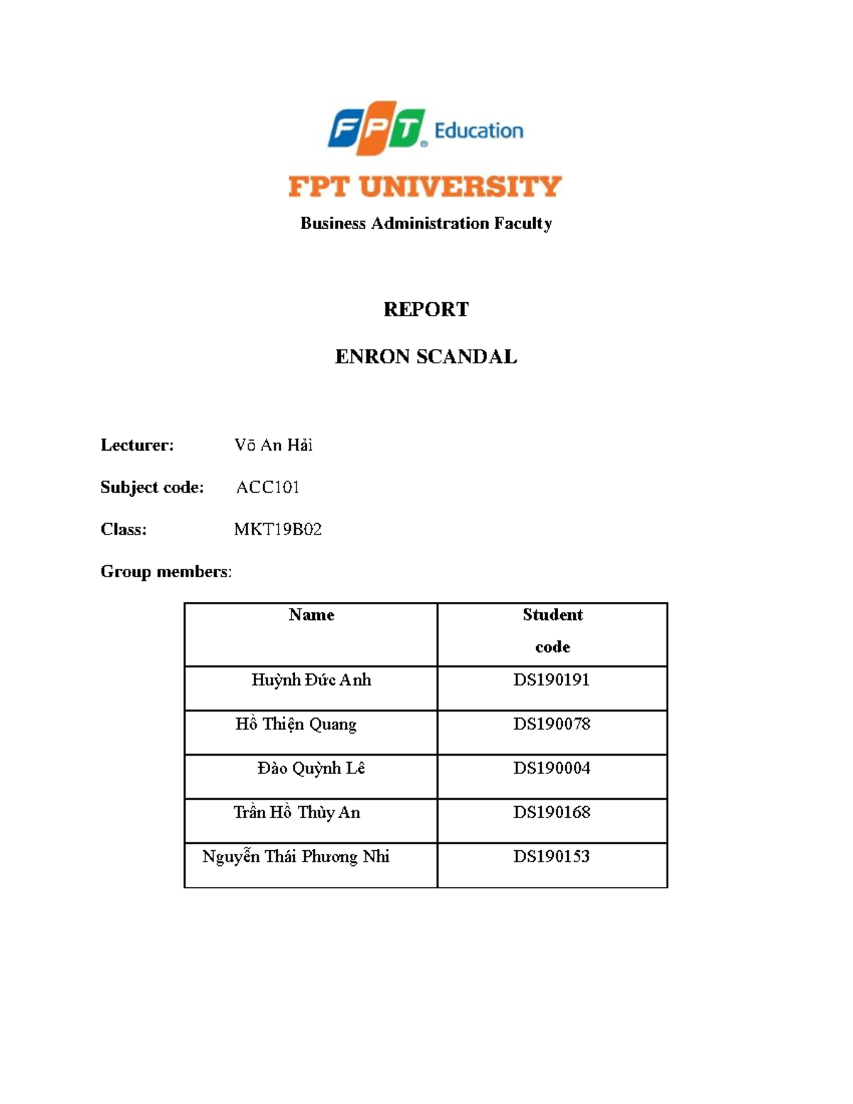 ACC101 - Enron Scandal Analysis Report - Group 3 - Studocu