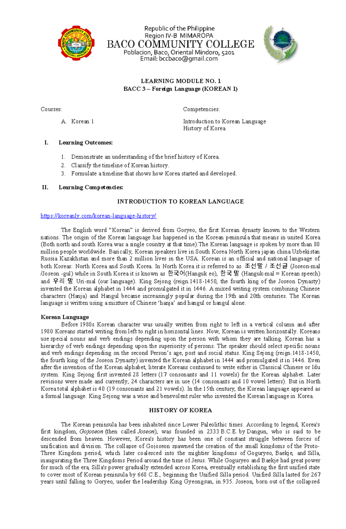 Korean Language and History Overview - BACC 3 Module 1 and 2 - Studocu
