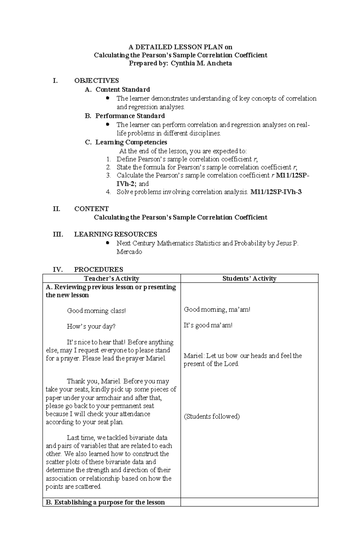 Detailed Lesson Plan Stat and Probability - A DETAILED LESSON PLAN on ...